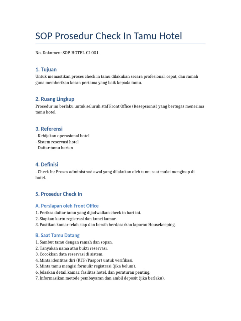 Prosedur Check In Tamu Hotel SOP | PDF