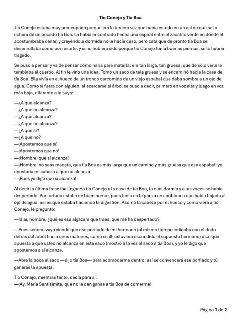 Tío Conejo y la astucia contra Tía Boa | PDF