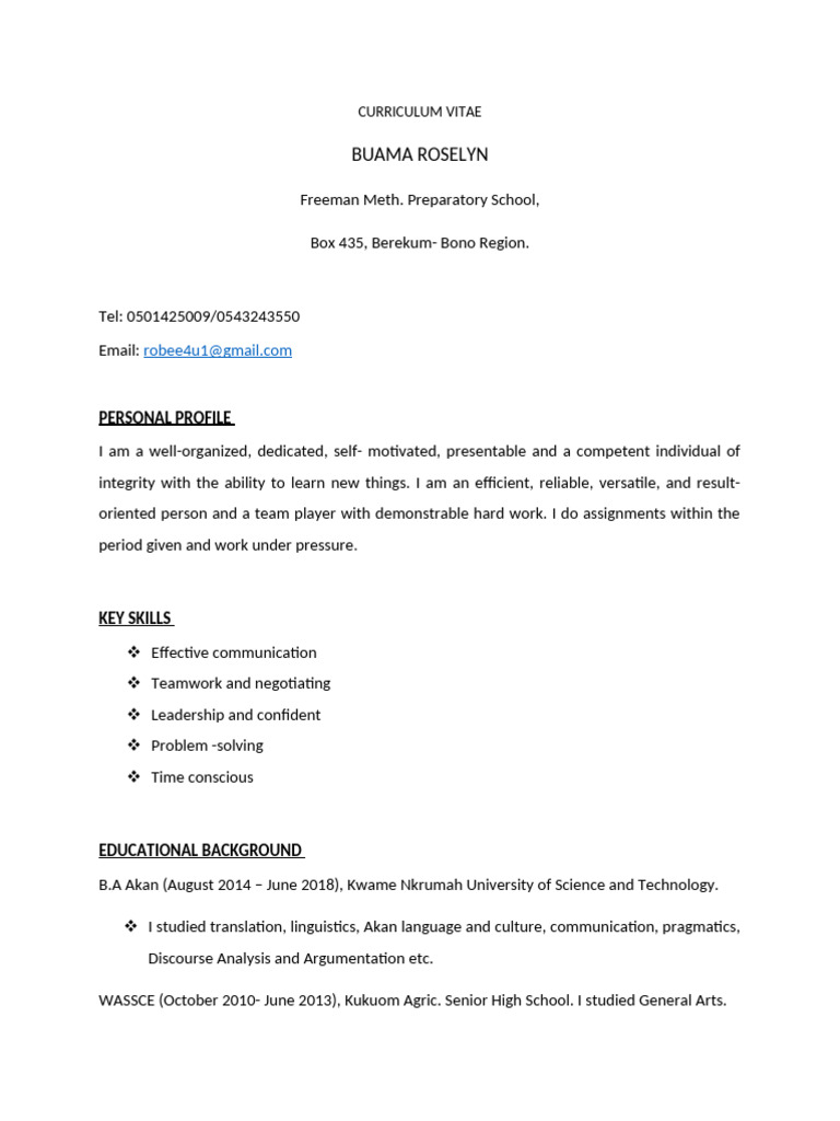 Curriculum Vitae-Roselyn Buama | PDF | Human Communication | Learning