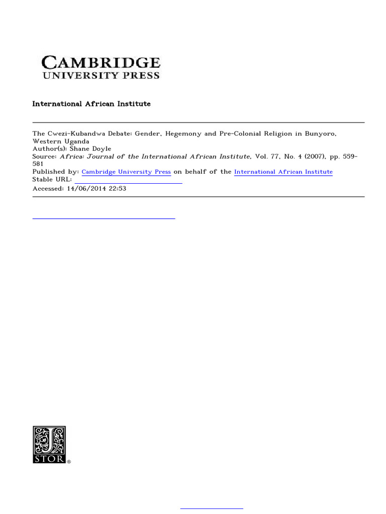The Cwezi-Kubandwa Debate - Gender, Hegemony and Pre-Colonial Bunyoro | PDF