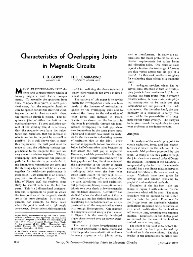 1952 AIEE Characteristics of Overlapping Joints in Magnetic Circuits ...