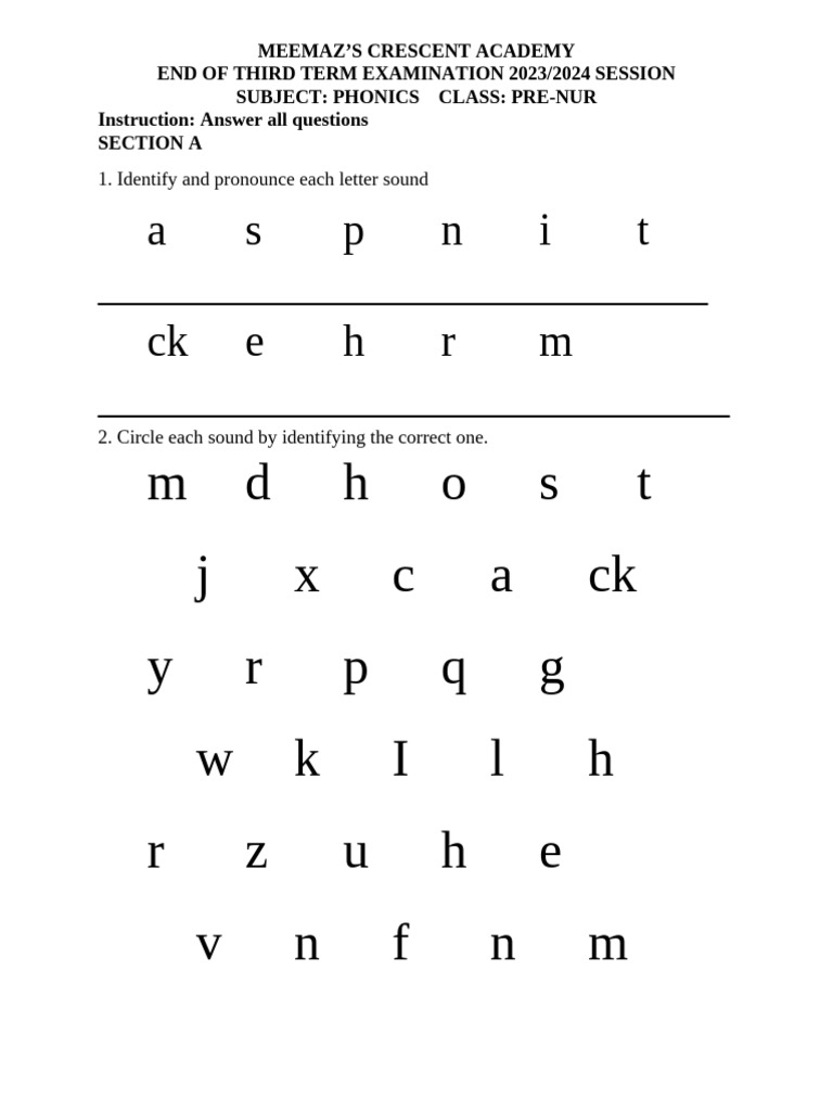 Phonics Exam for Pre-Nursery Students | PDF