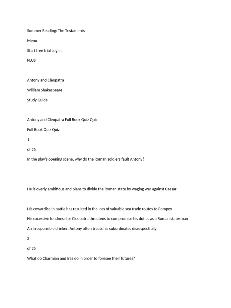Study Guide: Antony and Cleopatra Quiz | PDF | Mark Antony | Cleopatra