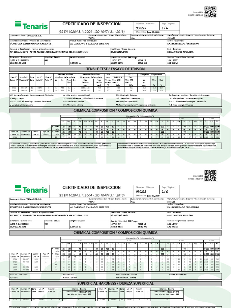 Certificado de Inspección Siderca 2020 | PDF | Rieles | Elementos químicos