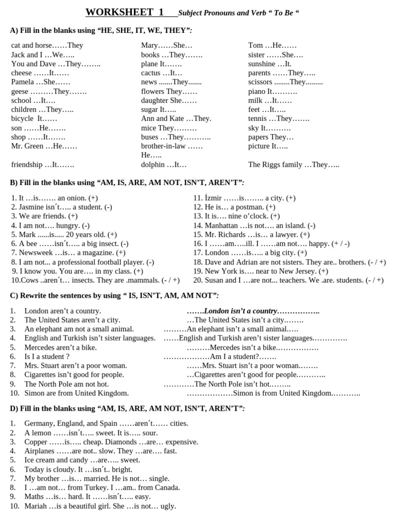 WORKSHEET 1_Subject Pronouns and Verb to Be | PDF