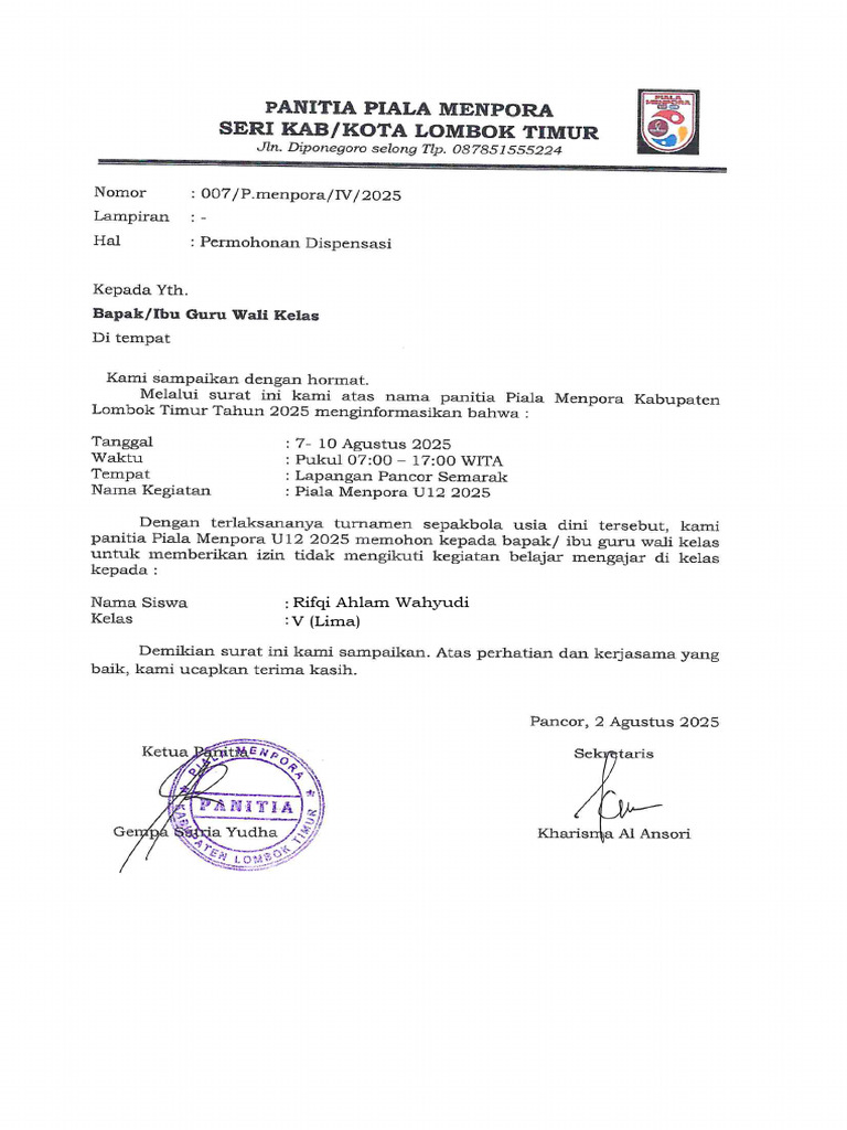 Surat Permohonan Dispensasi | PDF