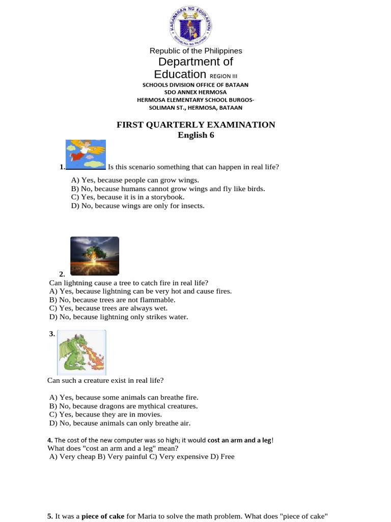 English 6 Quarterly Exam Questions | PDF