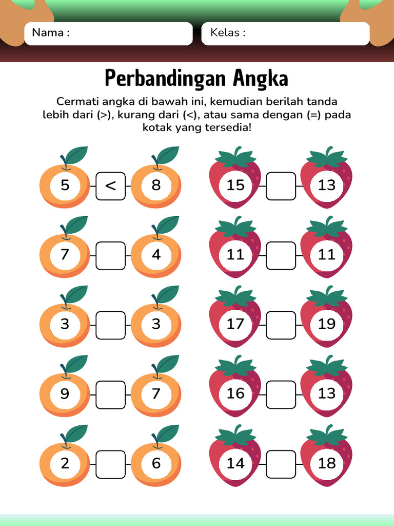 Perbandingan Angka Lembar Kerja Matematika Oranye Sederhana Ilustratif ...