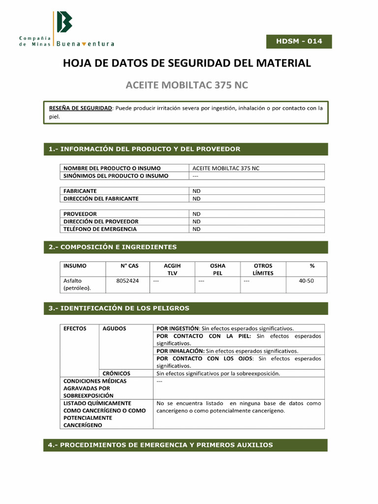 HDSM - 014 - Aceite Mobiltac 375 NC | PDF | Agua | Residuos
