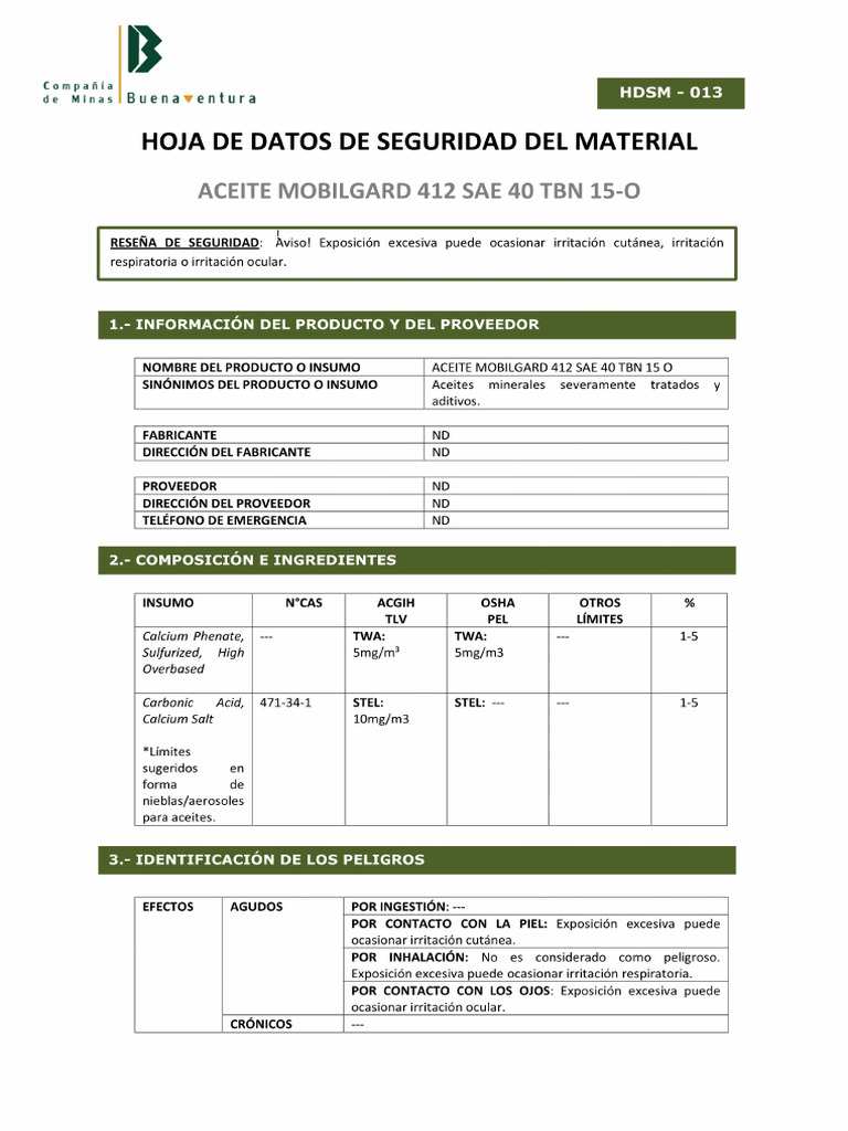 HDSM - 013 - Aceite Mobilgard 412 Sae 40 TBN 15-O | PDF | Agua | Residuos
