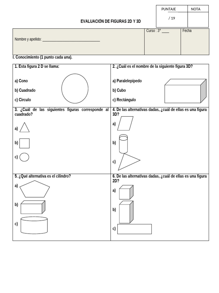 Evaluación Figuras y Cuerpos Geométricos | PDF | Geometría euclidiana | Formas geométricas