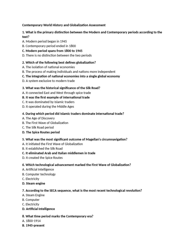ANSWER KEY Contemporary World History and Globalization Assessment ...