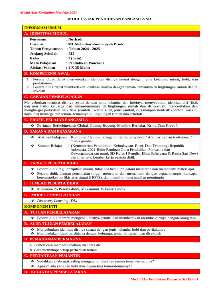 Modul Ajar PP Kls 1 | PDF