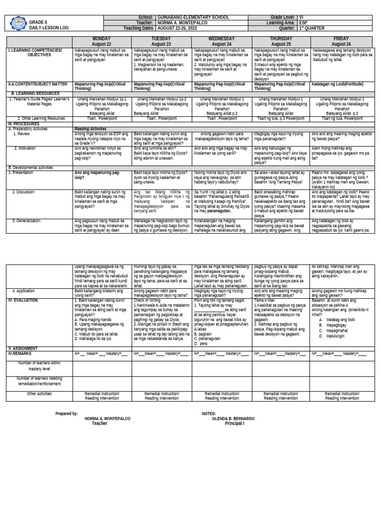 DLL ESP 6 Q 1 Week 1 S.Y. 2022 2023 | PDF