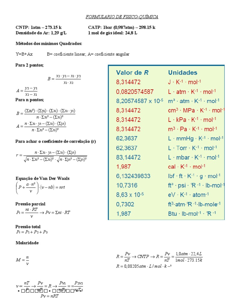 FORMULARIO DE FÍSICO- QUÍMICA