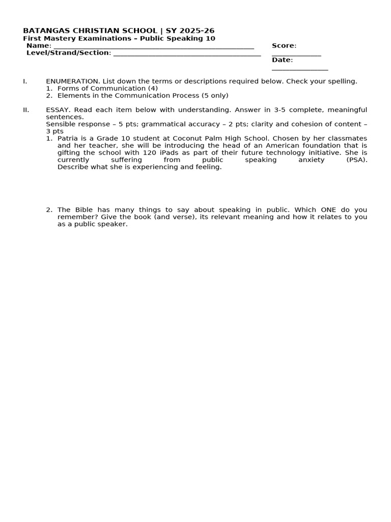 Public Speaking Exam Guide for Grade 10 | PDF