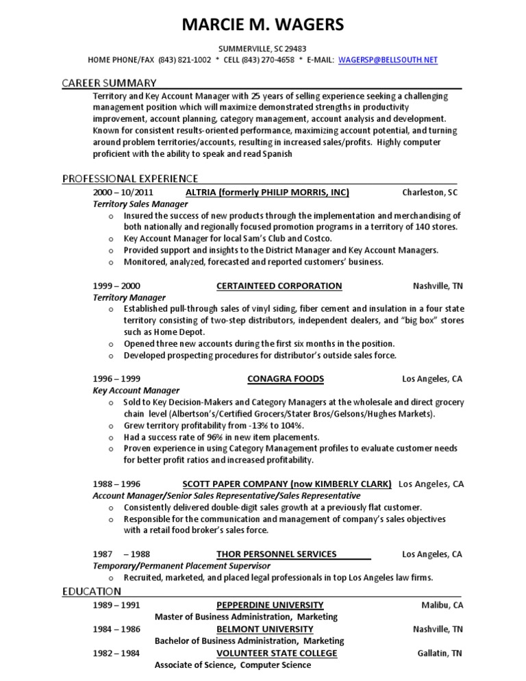 CPG Territory Sales Manager Major Accounts in Charleston SC Resume ...