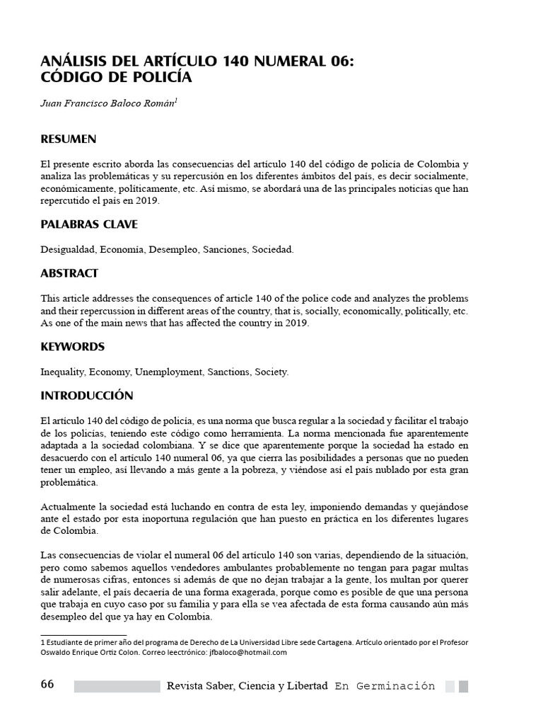 16 Análisis Del Artículo 140 Numeral 06 | PDF | Colombia | Multa (pena)