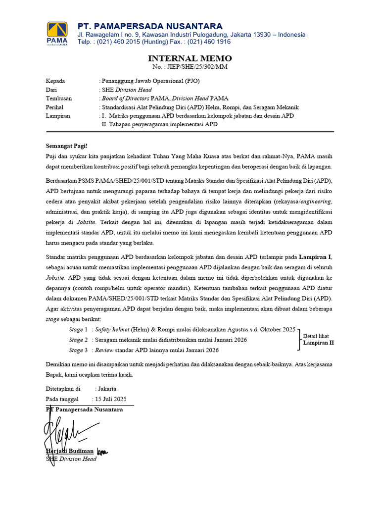 Internal Memo Standardisasi APD Helm, Rompi, Dan Seragam Mekanik-2 | PDF