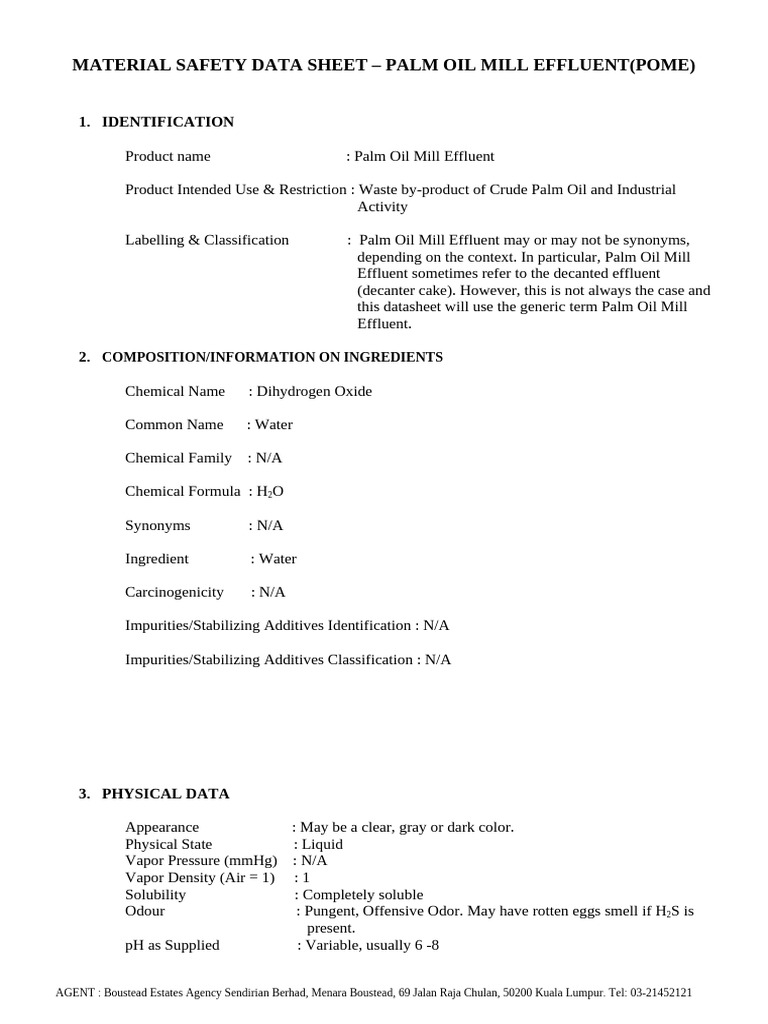 MSDS for Palm Oil Mill Effluent | PDF | Hazards | Decomposition