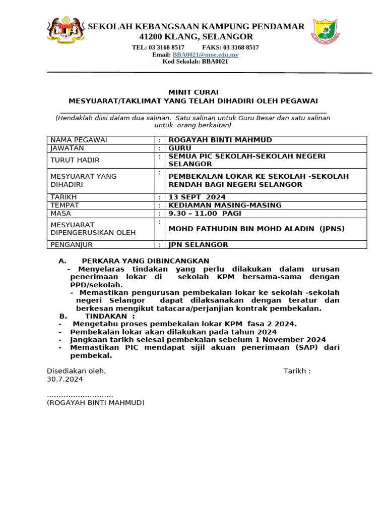 Minit Curai Pembekalan Lokar 2024 | PDF