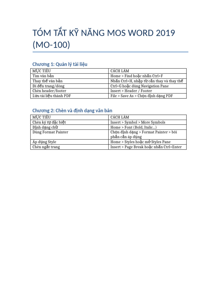 MOS Word 2019 TomTat | PDF