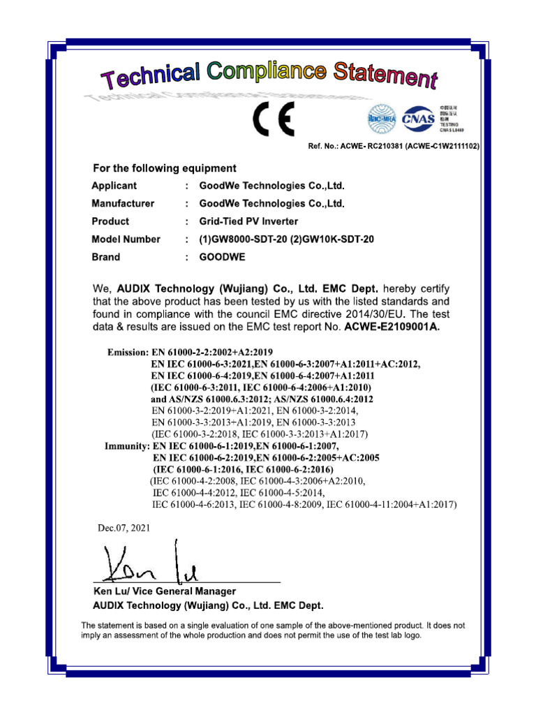 GW - SDT g2 Plus+ 8-10k - Certificate-En61000, Iec61000 | PDF
