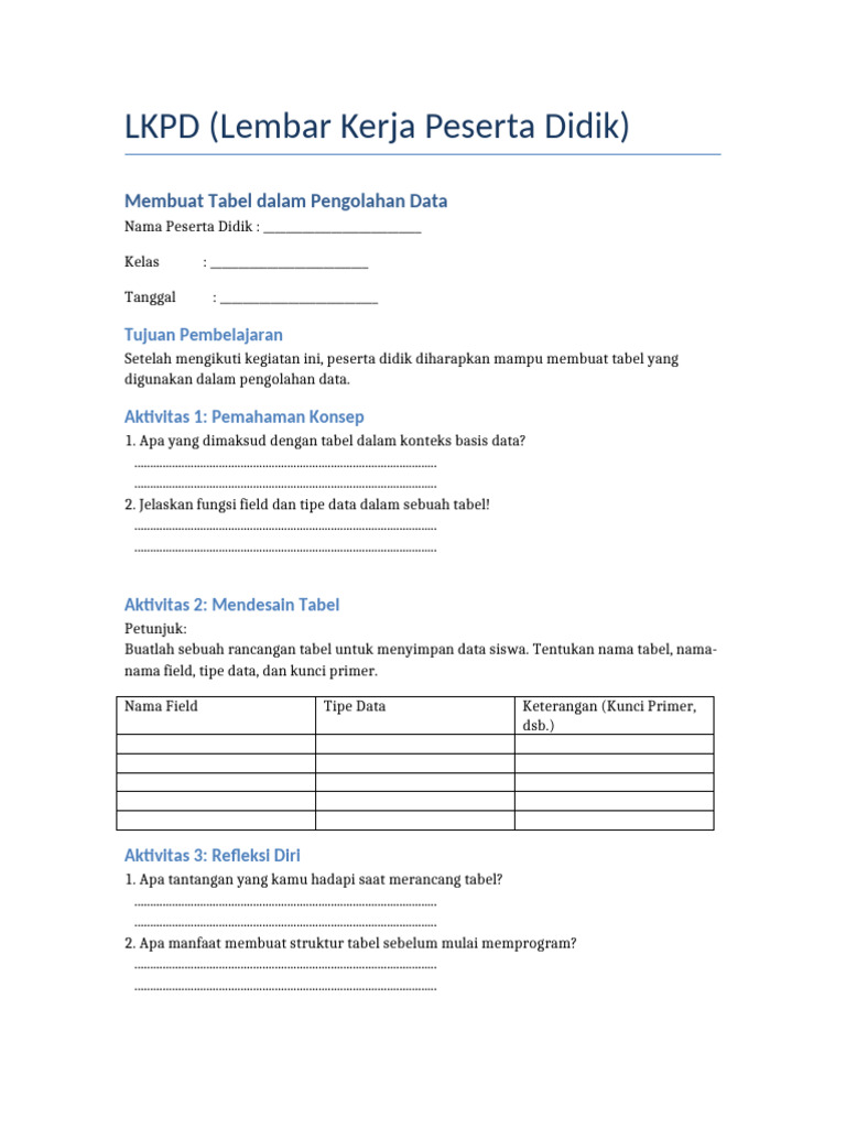 LKPD Membuat Tabel Database | PDF