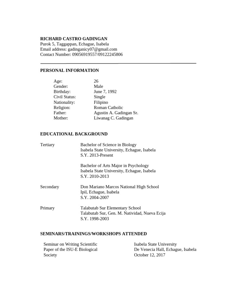 Richard Castro Gadingan's CV Summary | PDF | Philippines