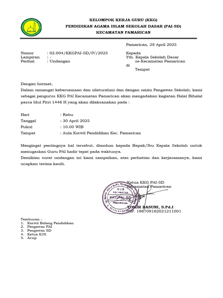 SURAT UNDANGAN KKG PAI April 2025 | PDF