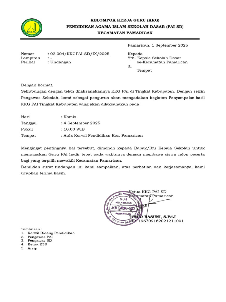 SURAT UNDANGAN KKG PAI Sept 2025 | PDF