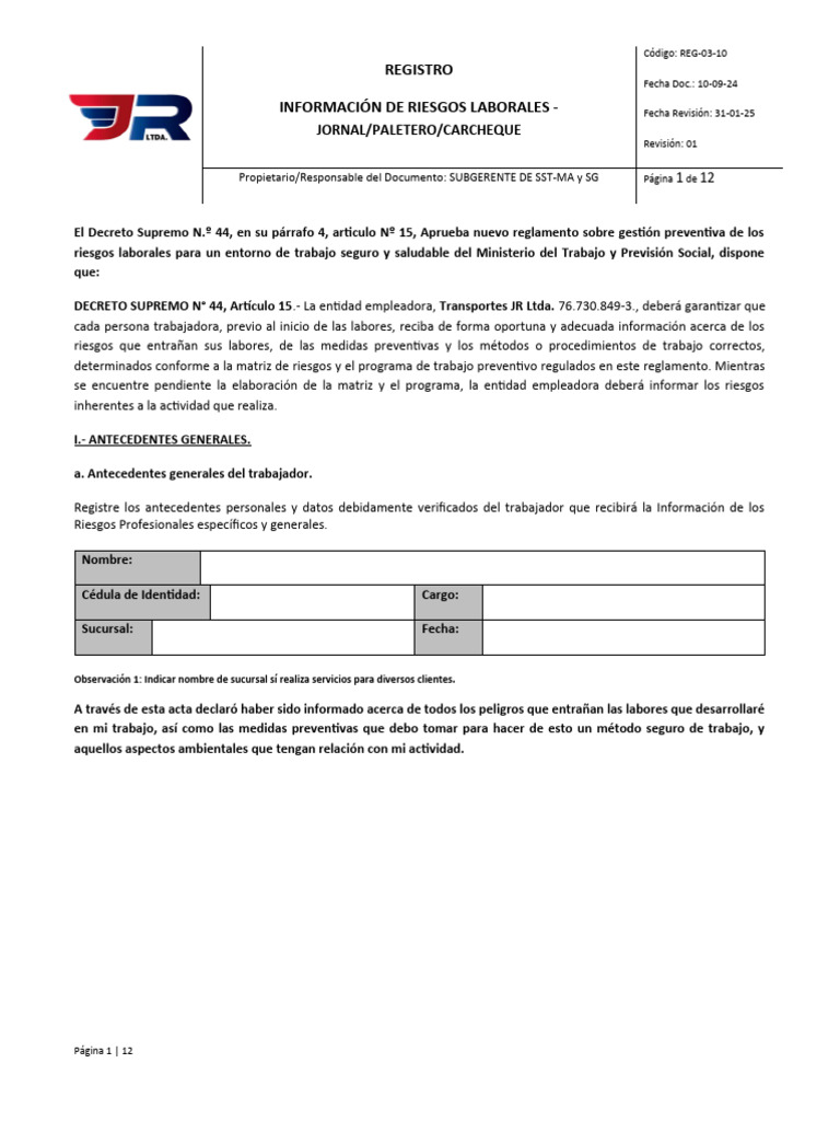 REG-03-10 Rev. 01 IRL - JORNAL - PALETERO - CARD CKECK | PDF ...