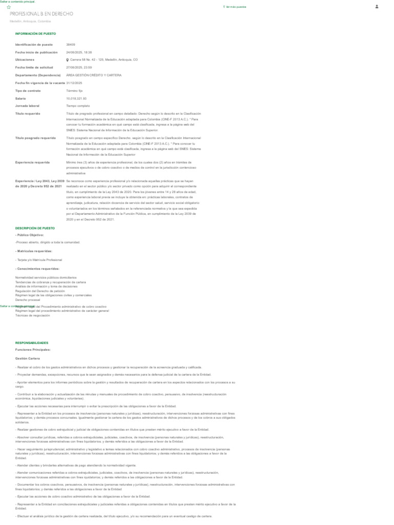 PERFIL PROFESIONAL B EN DERECHO - EPM Sitio Carreras | PDF | Insolvencia | Derecho laboral