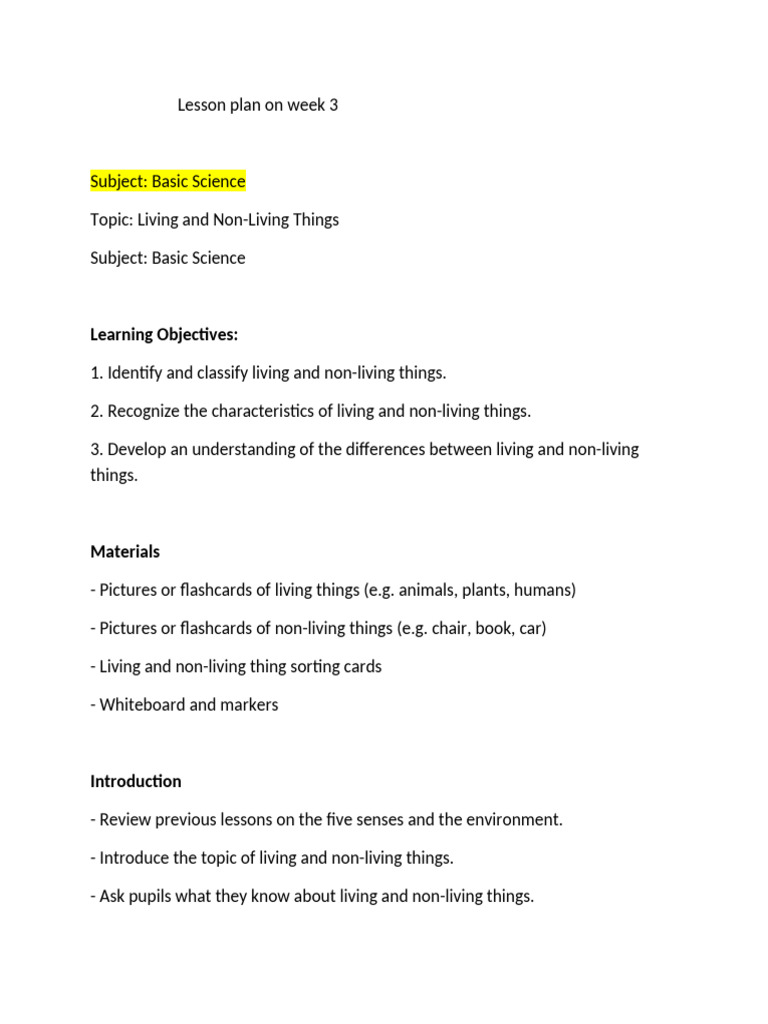Week 3 Lesson Plans: Science, Literacy, Health | PDF | Lesson Plan ...