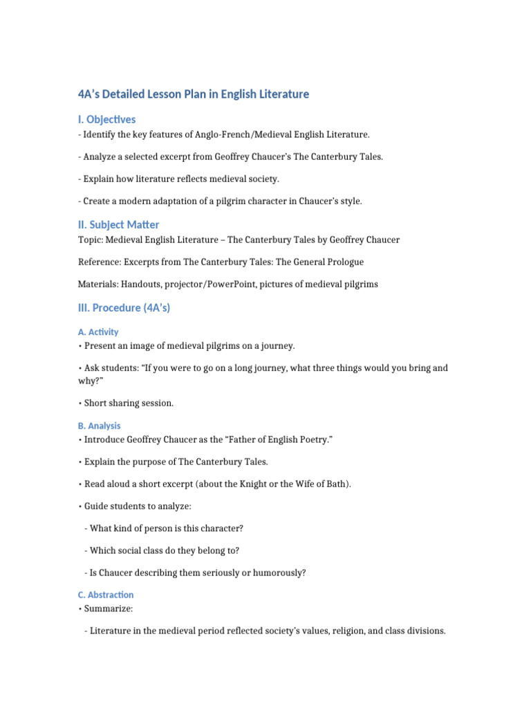 Lesson Plan: Chaucer's Canterbury Tales | PDF