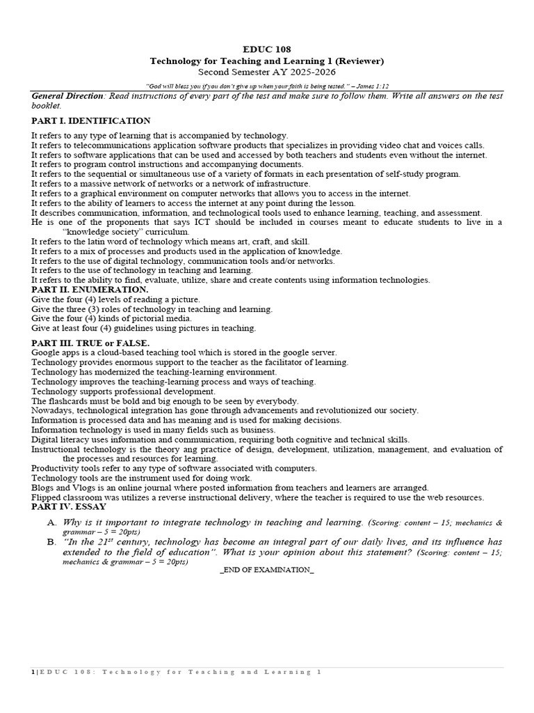 Argonillo, Michael P. EDUC 108 Prelim Exam 2025 Reviewer | PDF | Educational Technology | Learning