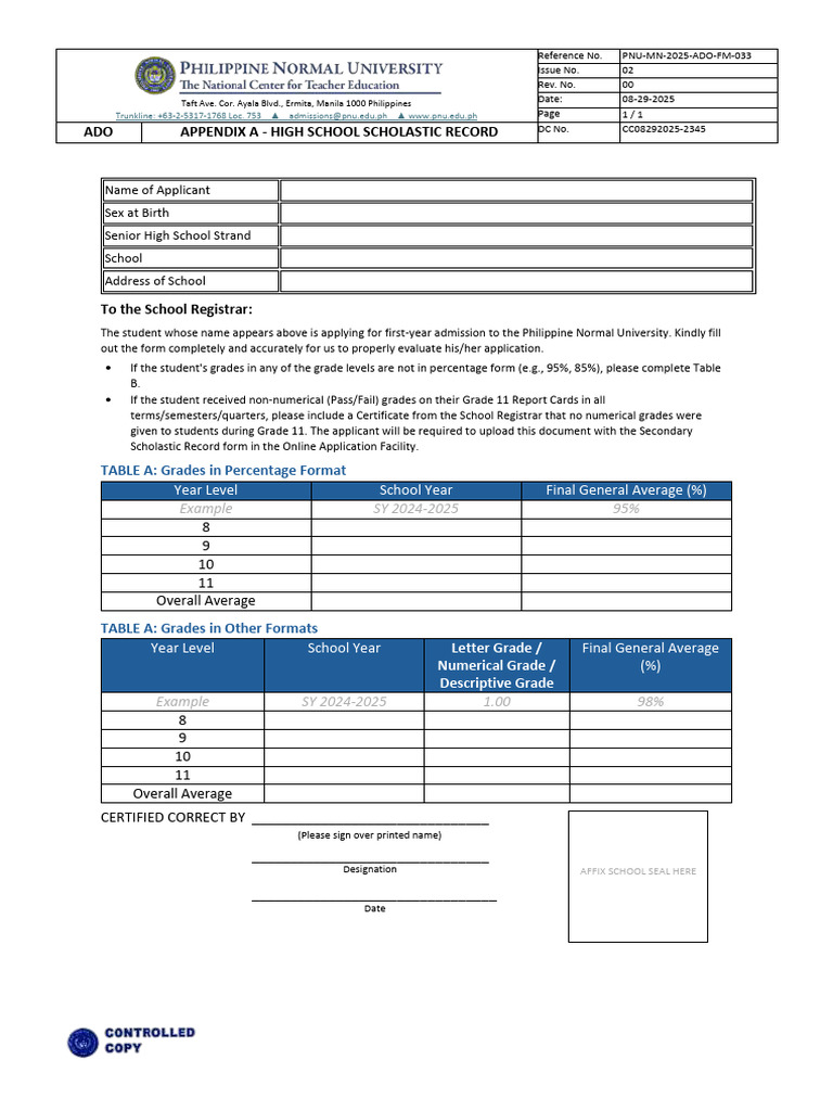 High School Scholastic Record Form | PDF