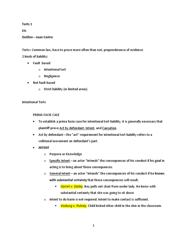 Torts Outline 1 | PDF | Conversion (Law) | Trespass