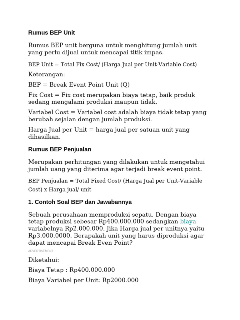 Rumus dan Contoh Soal BEP Unit | PDF