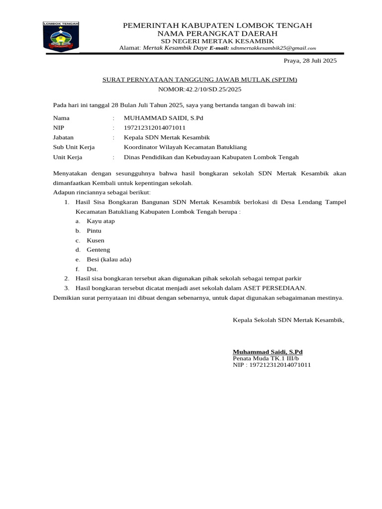 FORMAT SPTJM Bongkaran Sekolah | PDF