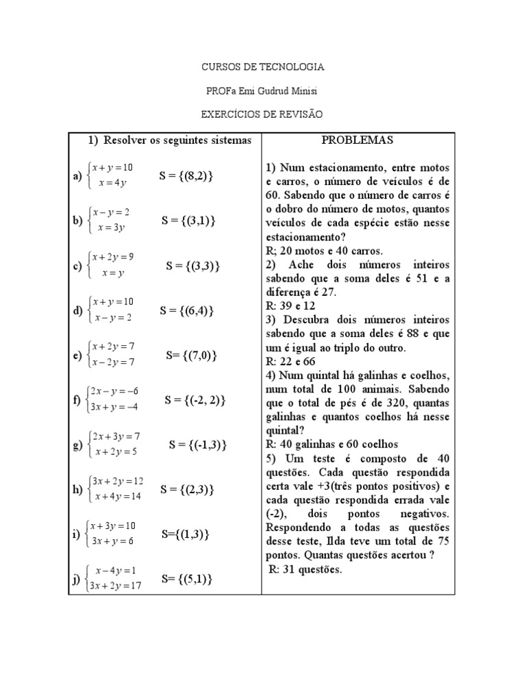 Lista de Exercícios Sistemas Lineares e Problemas | PDF