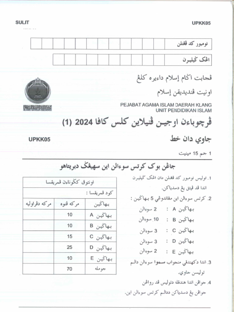 Kertas Soalan Jawi Dan Khat Trial Upkk Klang | PDF
