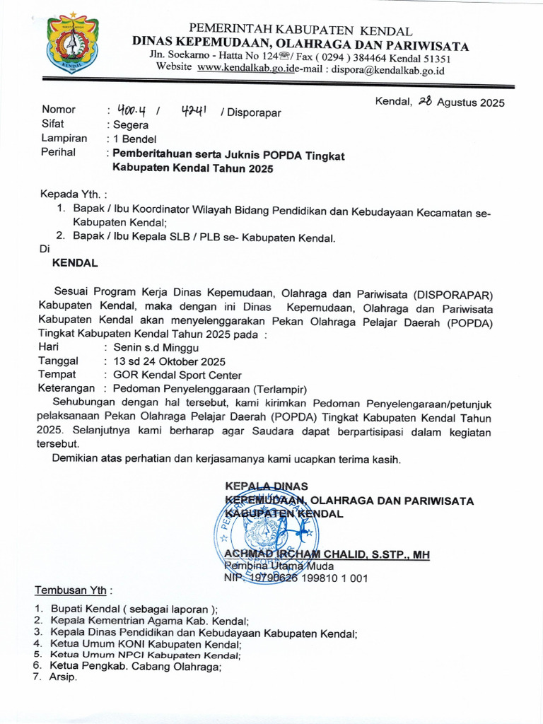 Edaran Juknis Popda Kab. Kendal Jenjang SD Tahun 2025 | PDF