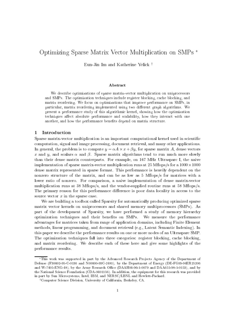 Optimizing Sparse Matrix Vector Multiplication On SMPS: Eun-Jin Im and Katherine Yelick | PDF ...