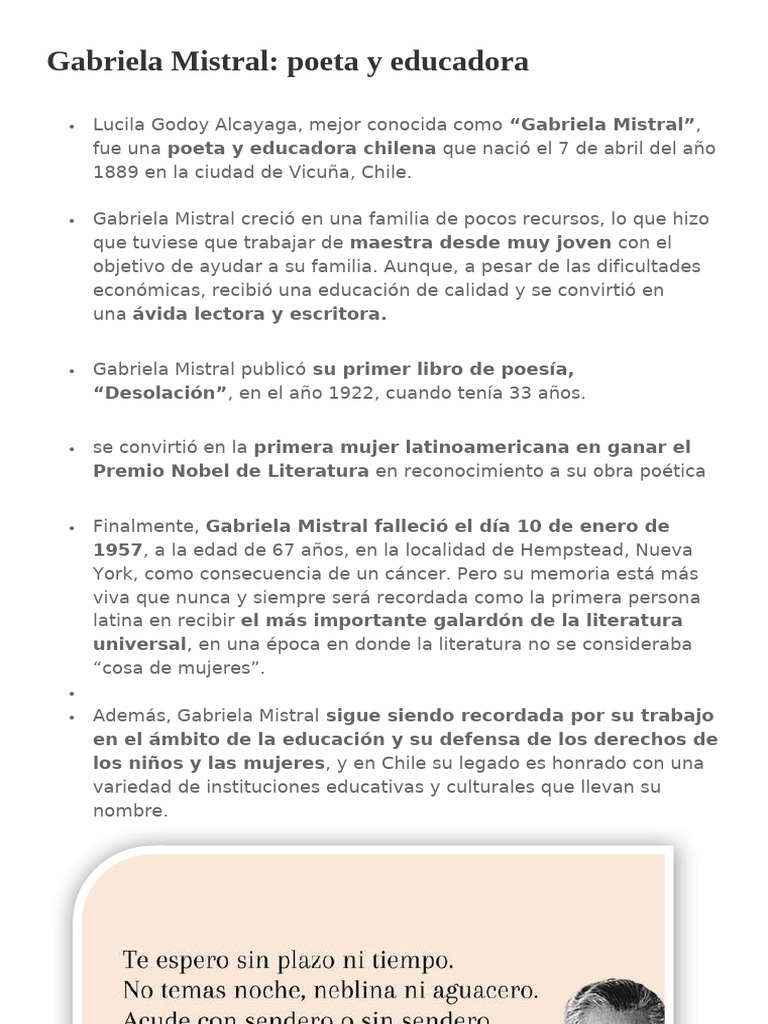 Gabriela Mistral: Poeta y Educadora Chilena | PDF