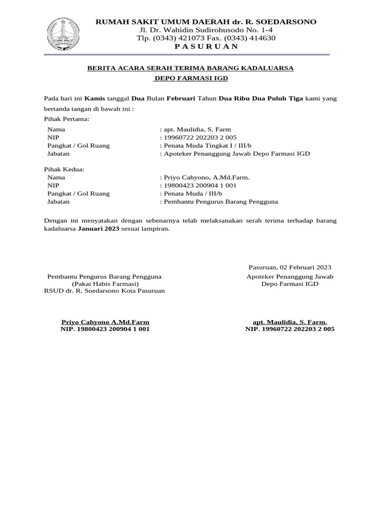 Ba Dan Lampiran Barang Ed Depo Igd 2023 | PDF