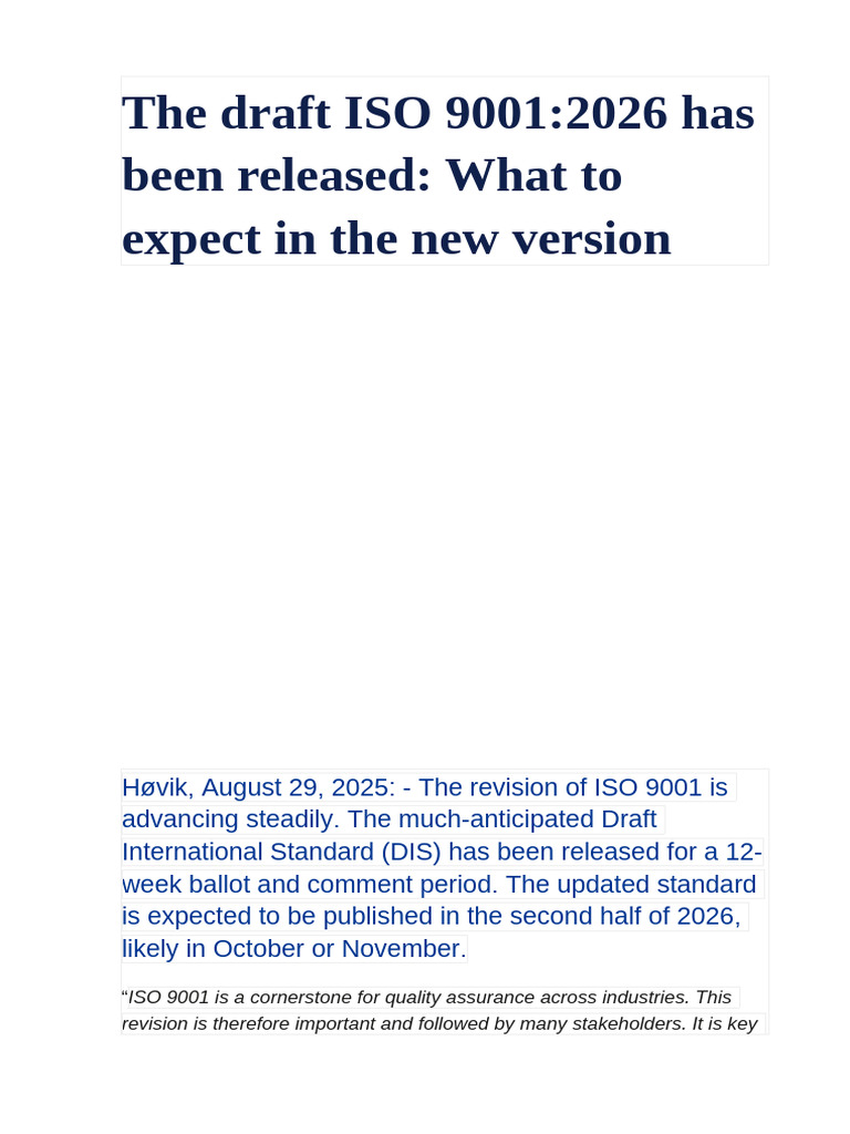 ISO 9001:2026 Draft Release Overview | PDF