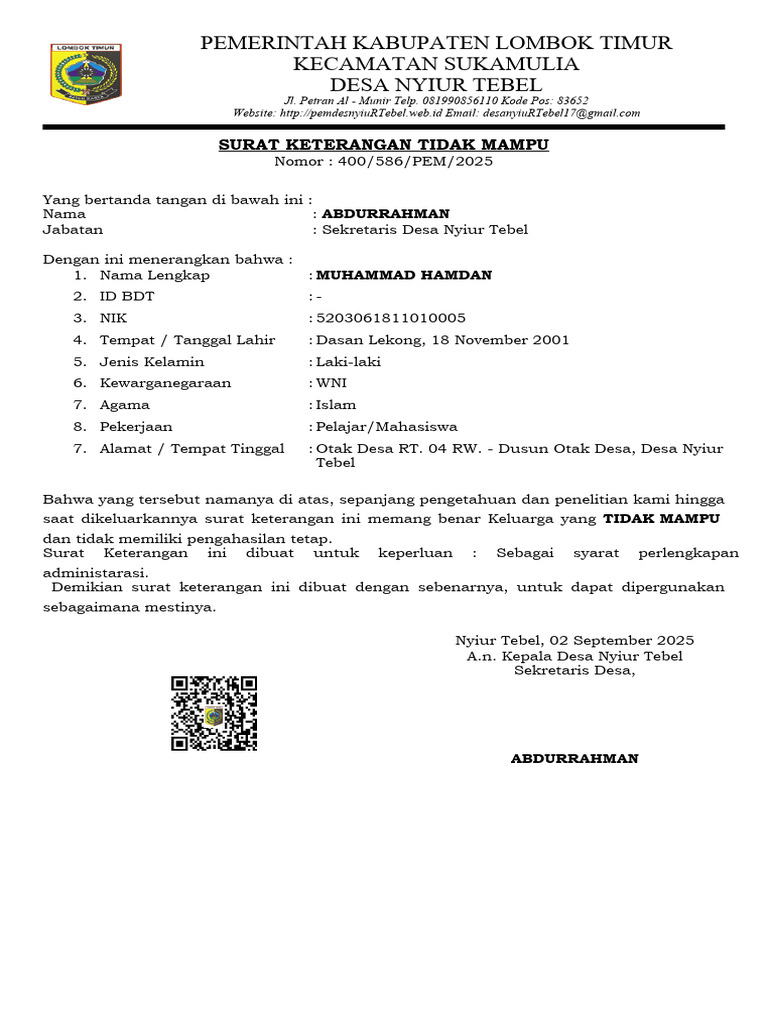 Surat Keterangan Tidak Mampu Nyiur Tebel | PDF