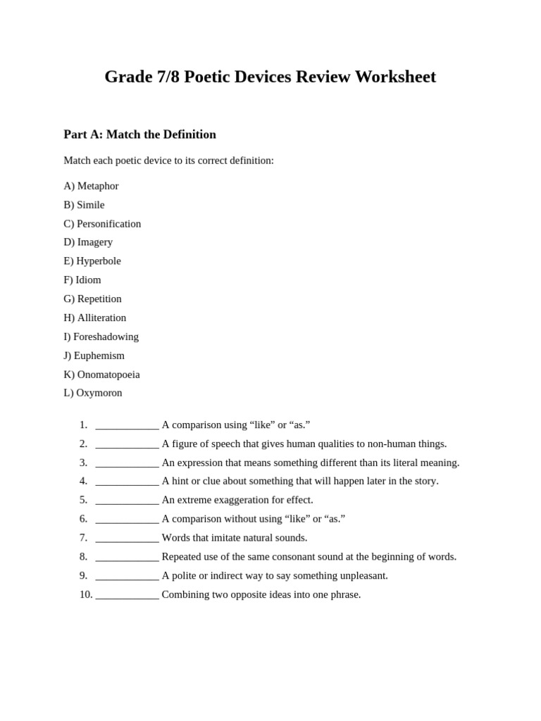 Grade 7 Poetic Devices Worksheet | PDF | Linguistics