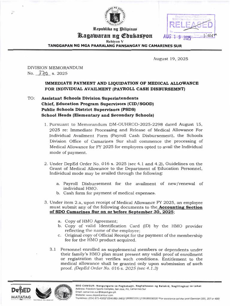 Div Memo 370 s.2025 Release of Medical Allowance | PDF